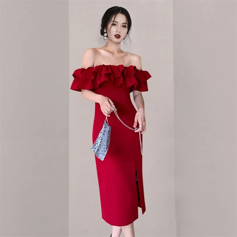 TWM Temperament Red Summer Maxi Skirt Dress French Forked Ruffle Slit ...