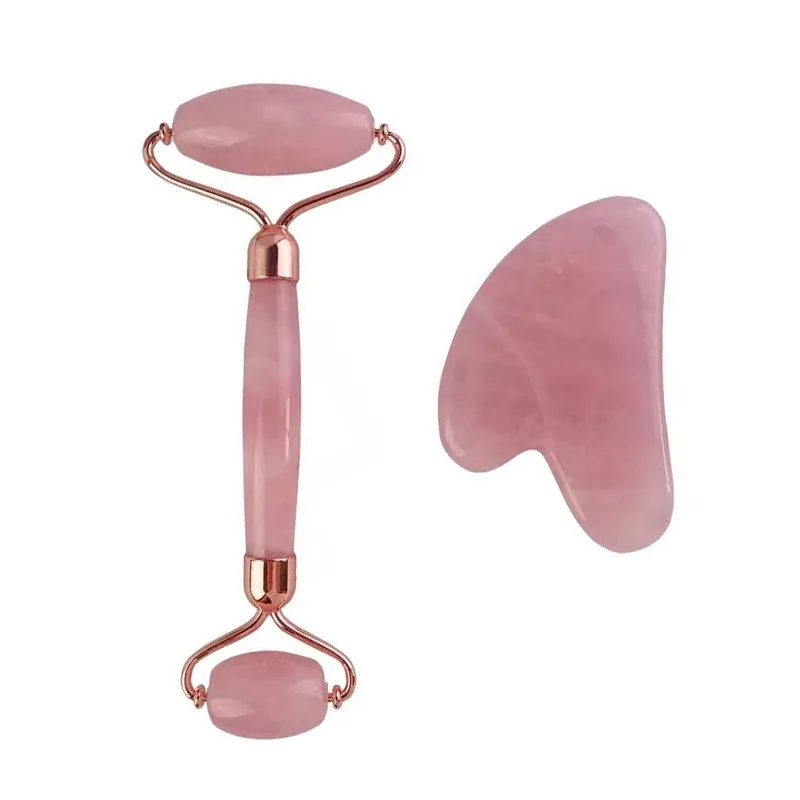 Pink Jade Roller & Gua Sha Set - Natural Rose Quartz Facial Massager ...