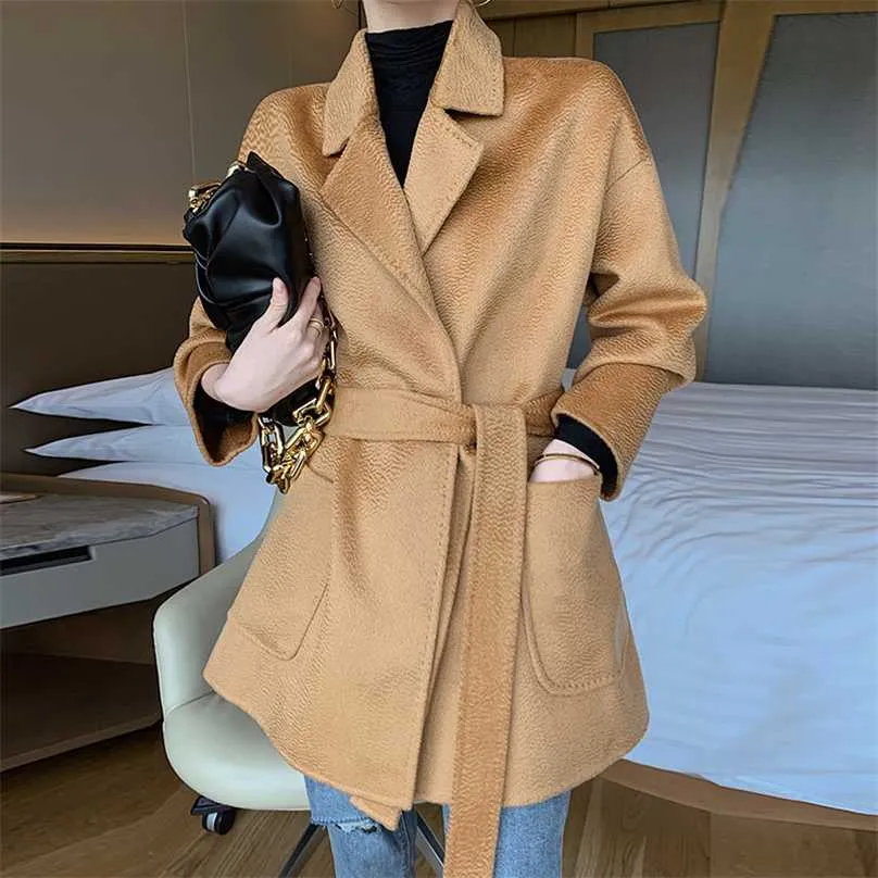 Korean Style Water Ripple Cashmere Belted Wool Coat For Women Loose Fit ...