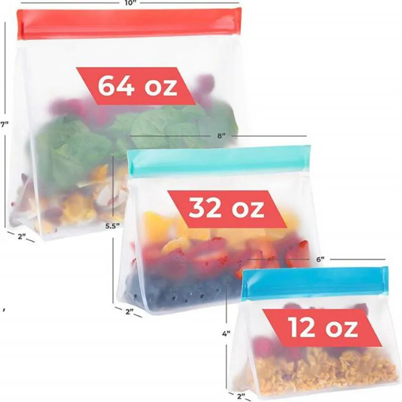 Silicone Reusable Freezer Storage Bags Set With Zips Leakproof Lunch ...