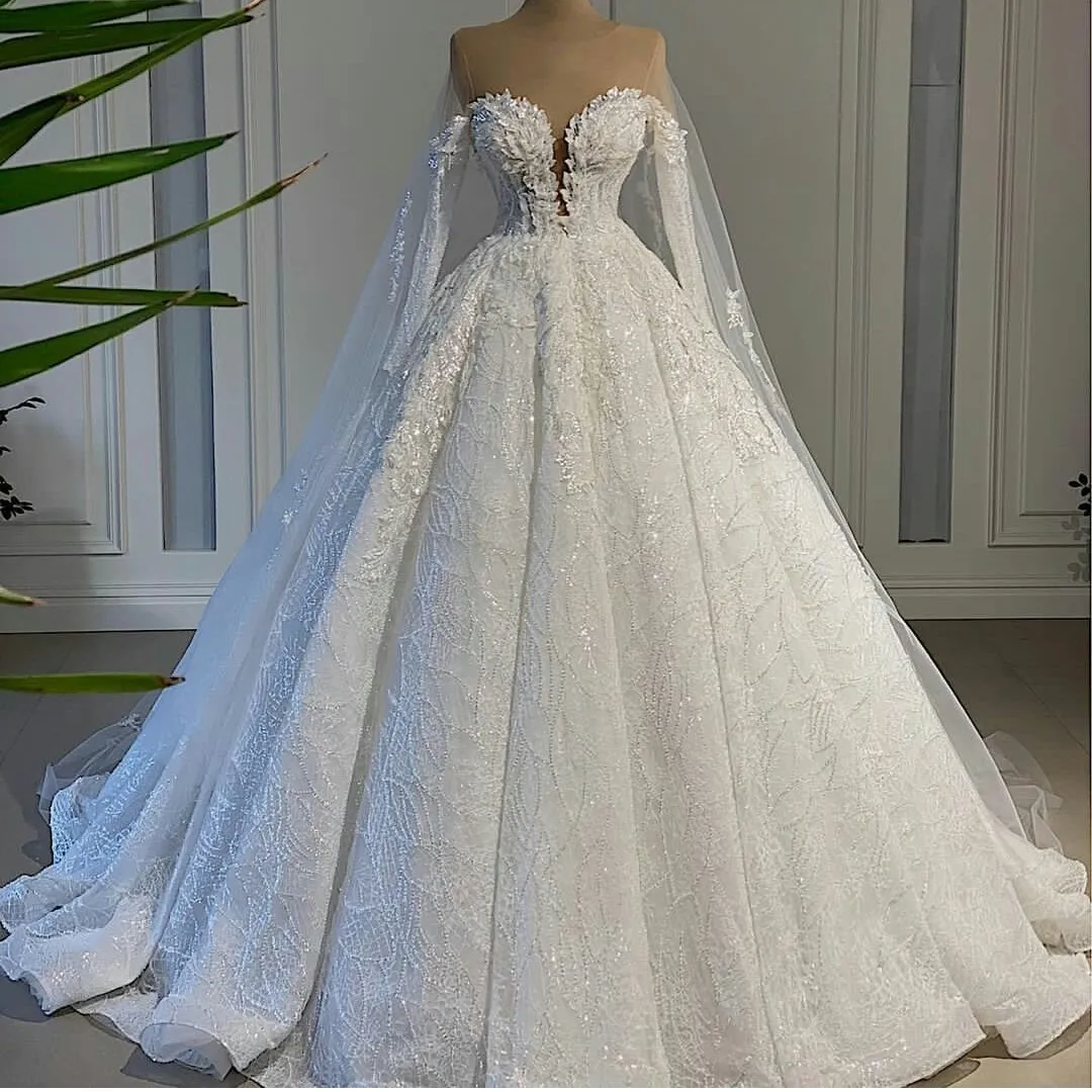 White A-Line Wedding Dress with Tulle Fabric and Applique Embellishment ...