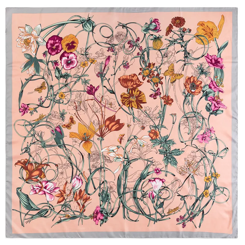 2024 Twill Silk Scarf | Large Square Insect Flower Print | Women's ...