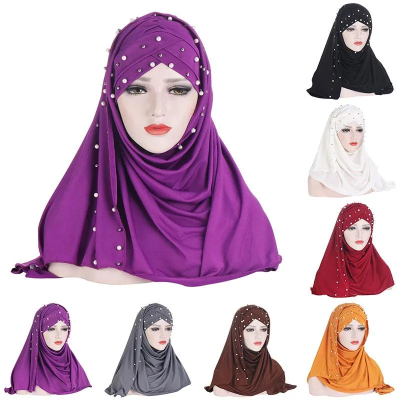 Monochrome Polyester Scarf Hat Muslim Hijabs Headscarf Set with Beads ...