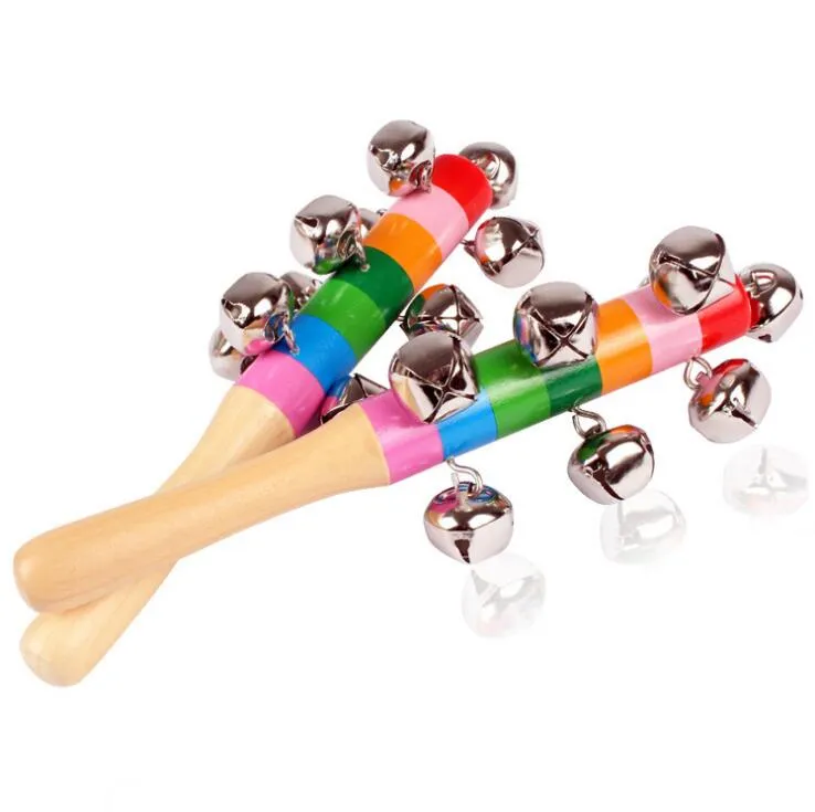 18cm Party Favor Rattles Jingle Bells Wooden Stick Rainbow Hand Shake ...