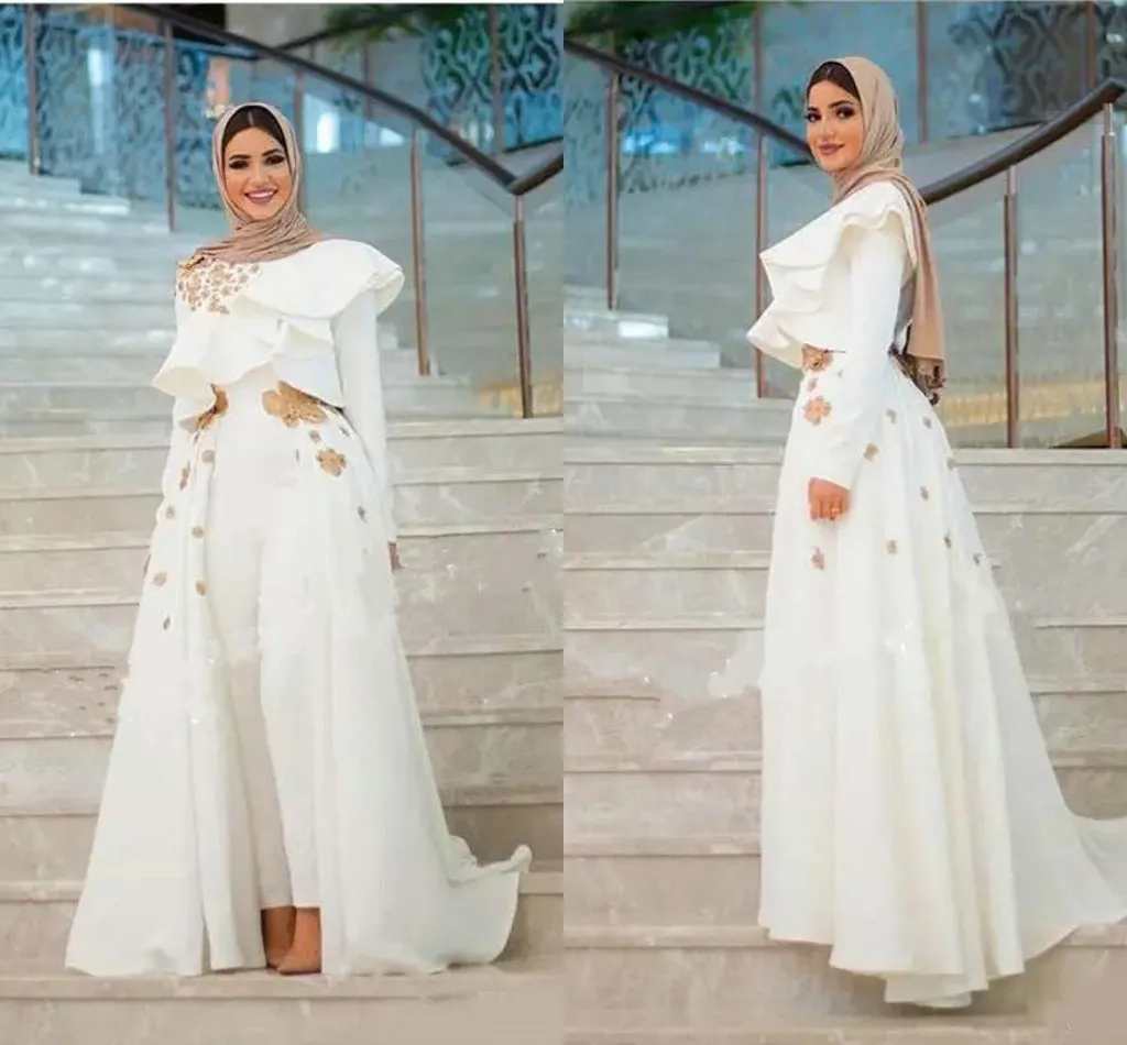 Elegant Muslim Arabic Prom Jumpsuit With Detachable Train: High Neck ...
