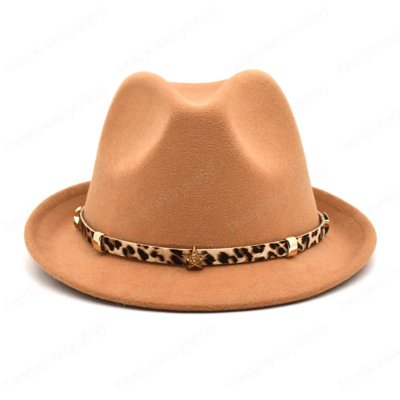 Vintage Black Khaki Wool Cowboy Fedora Hat With Chain For Women Wide ...