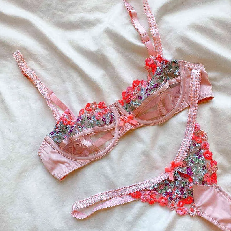NXY Sexy Pink Lace Underwear Set: Embroidered Flower Push-Up Bra, Mesh ...