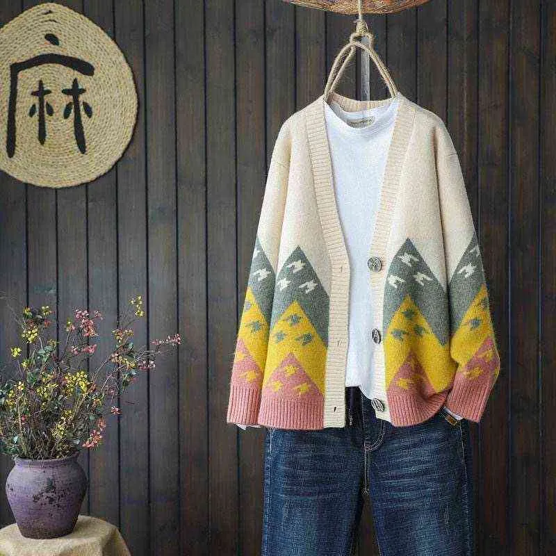 Women's Oversized Patchwork Jacquard Print Loose Knitted Casual ...
