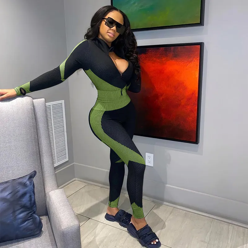 Haoyuan Plus Size Bodycon Skinny Jumpsuit Long Sleeve Print Oversized