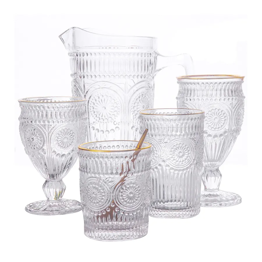 Embossed Sunflower Crystal Wine Glass Set Water Jug Iced Tea Pitcher ...