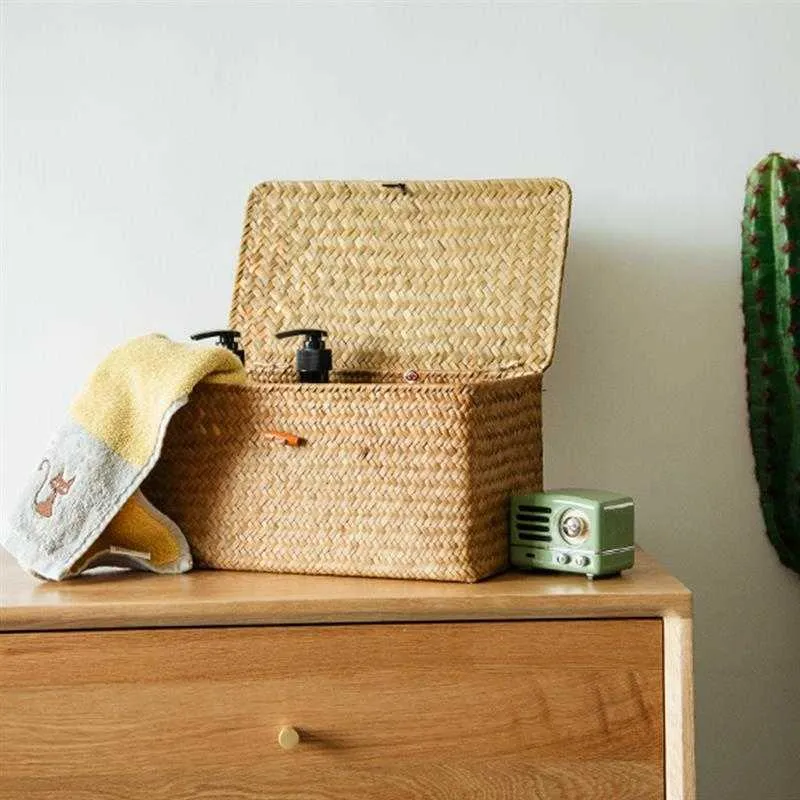 Woven Basket With Lid Handmade Wicker Rattan Clothes Storage Boxes ...