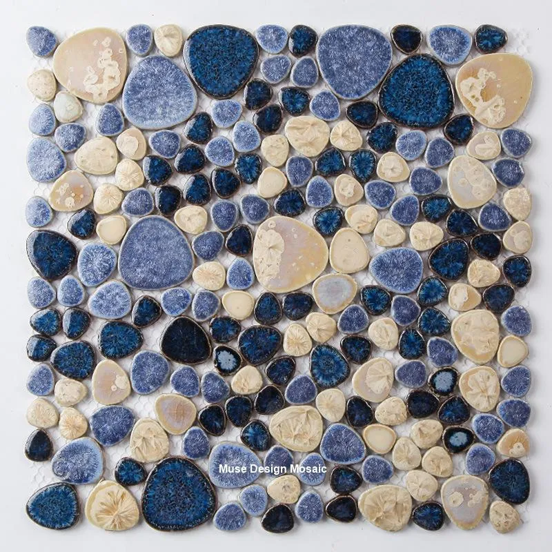 Blue Beige Pebbles Fambe Glazed Ceramic Mosaic Tile Sample for Bathroom ...