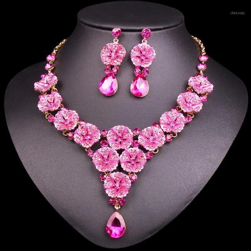 Earrings Necklace Fashion Pink Flowers Crystal Bridal Wedding Party Prom Costume Jewelry Sets For Brides Bridesmaids