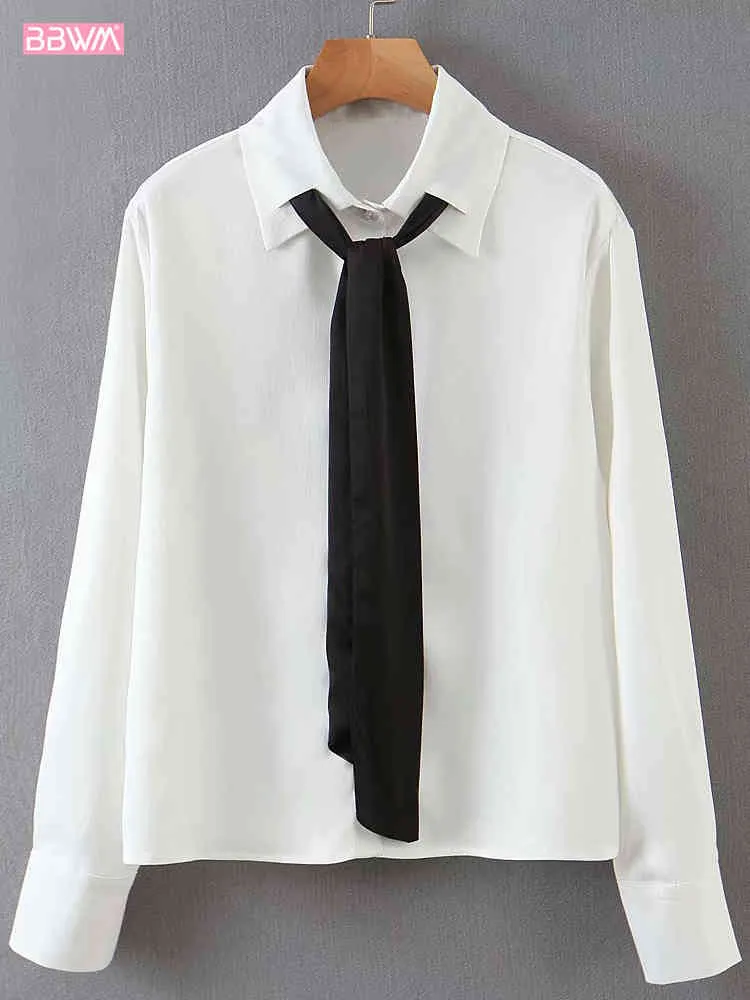Pearl Buckle Bow Tie Long Sleeve Shirt White Polyester Korean Fashion ...