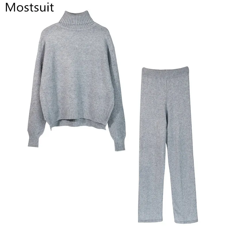 Knitted Two Piece Pants Set Tracksuit for Women, Turtleneck Sweater ...