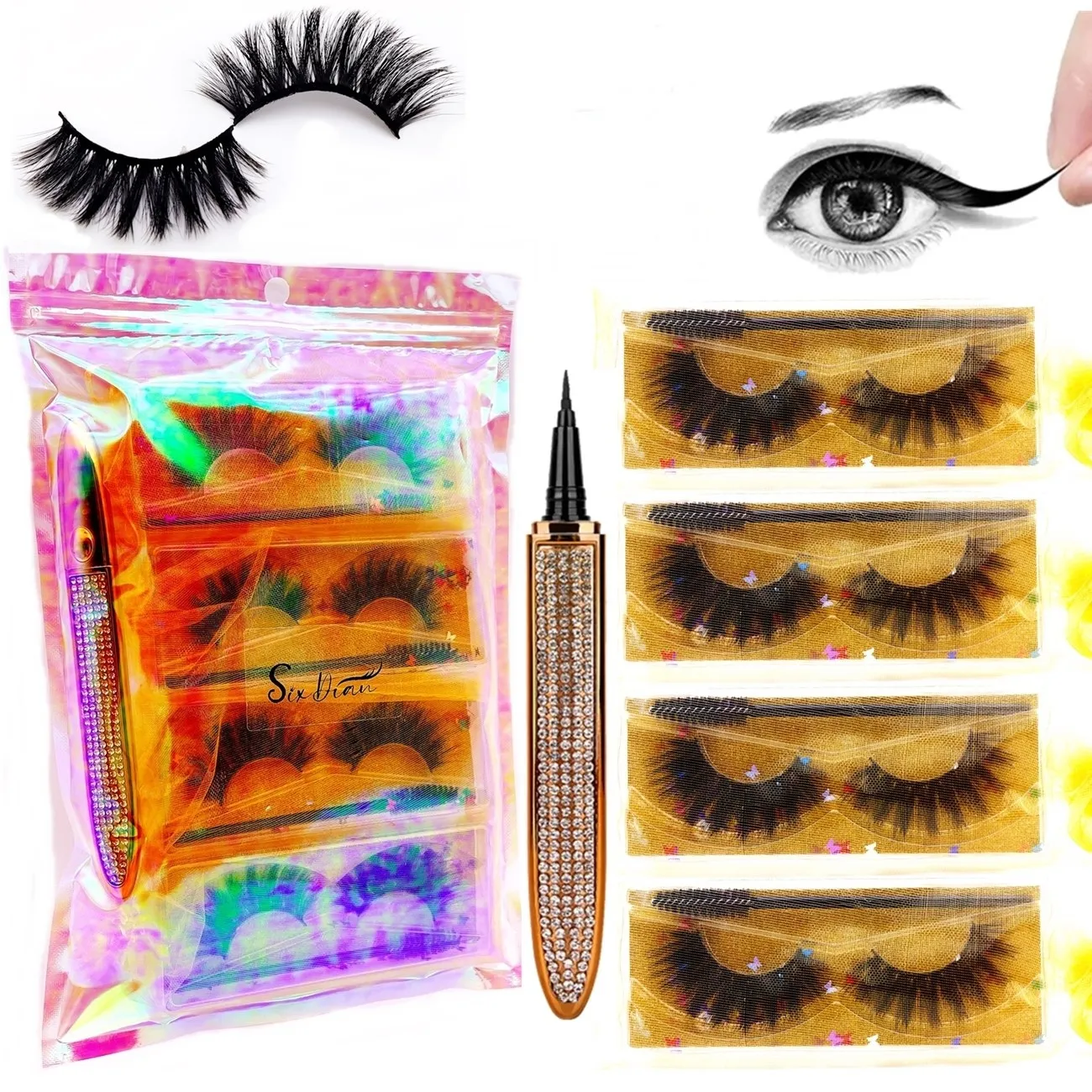 3D Faux Mink Eyelash Magic Eyeliner Kit 4 Pack Thick Natural Look ...