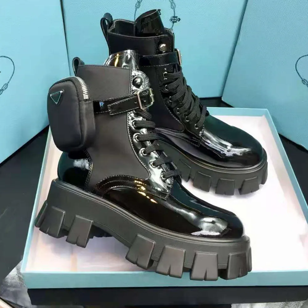 Women Brushed Leather Ankle Combat Boots Monolith Designer Nylon Pouch ...