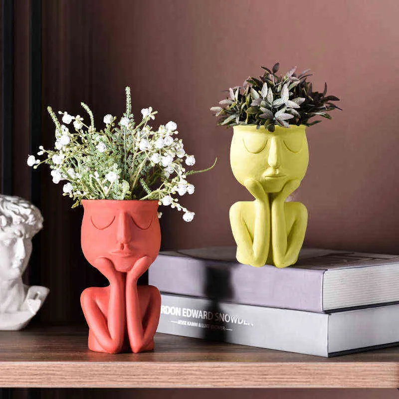 Resin Abstract Face Flower Pot Figurines Face Vase Planter Decoration ...