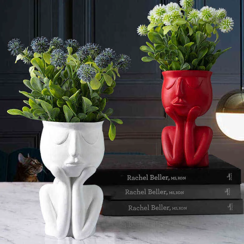 Resin Abstract Face Flower Pot Figurines Face Vase Planter Decoration ...