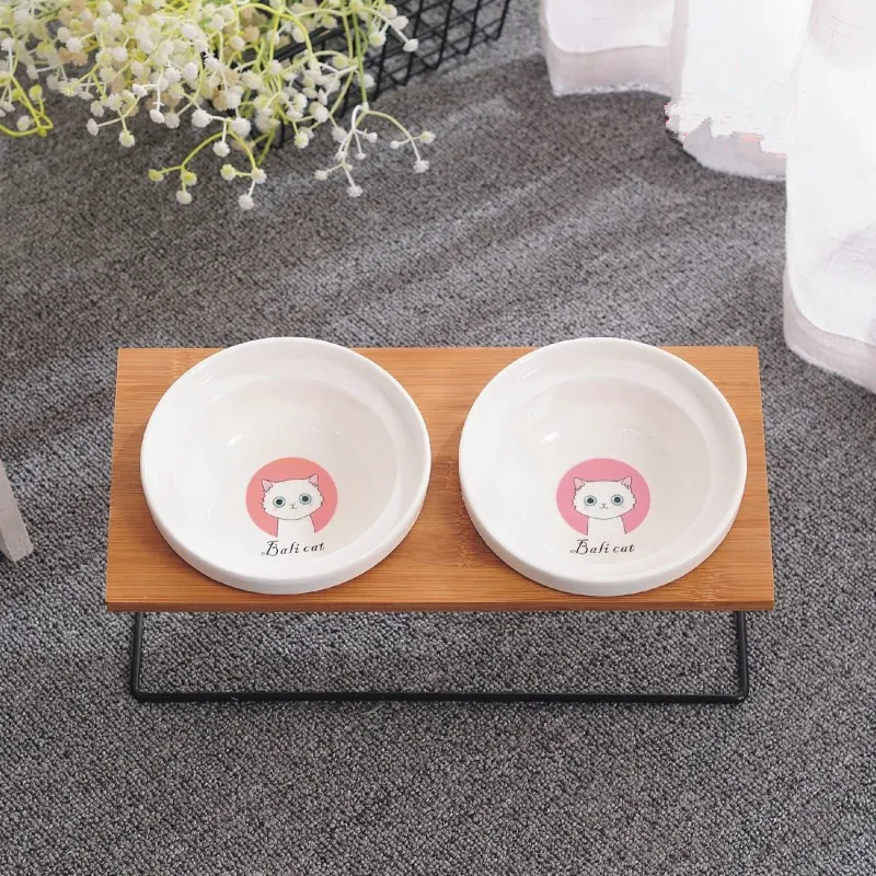 Cute Cat Bowl Bamboo Shelf Ceramic Double Feeding... From Long10, $20. ...