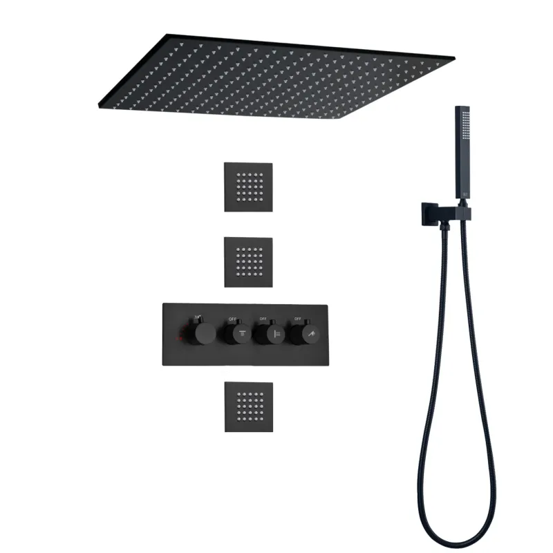 16 Matte Black LED Shower Mixer Set With Black Thermostatic Shower ...
