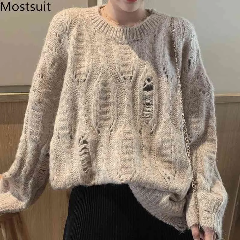 Vintage Korean Ripped Hole Ripped Sweater For Women Long Sleeve O Neck ...