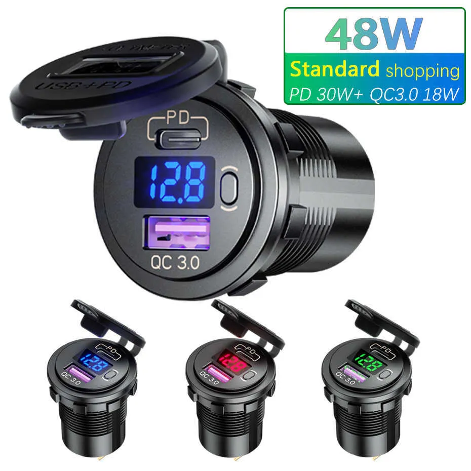 48W 12V/24V Car Lighter Socket with LED Voltmeter Switch USB Charger ...