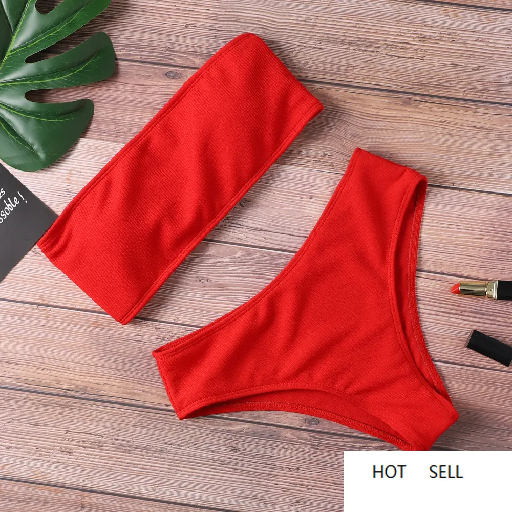 2020 High Waisted Padded Red Bandeau Bikini Set For Women Solid Color Two Piece Swimsuit With