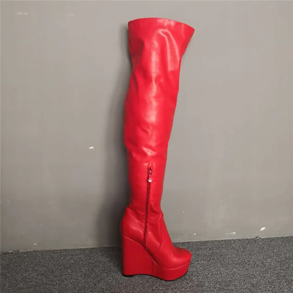 Handmade Red Faux Leather Wedge Heel Knee High Platform Boots Large ...