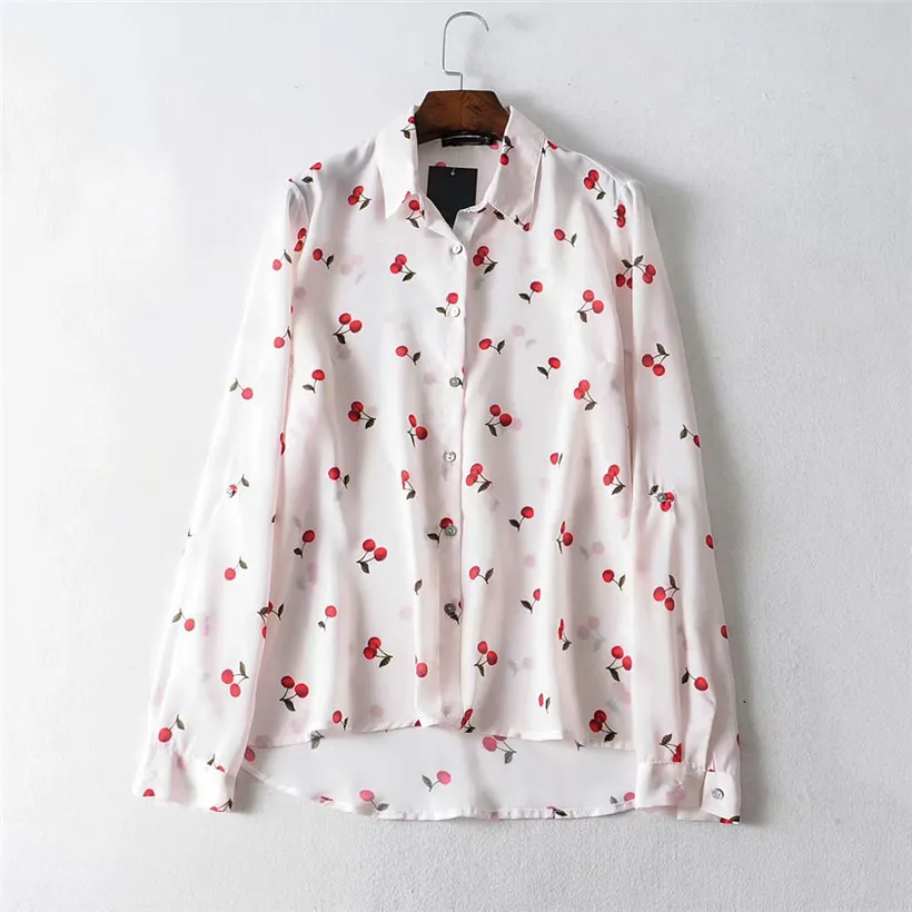 Women's Sweet Cherry Pattern Print Loose Chiffon Blouse Long Sleeve ...