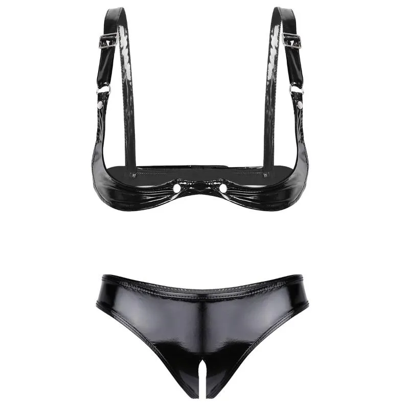 Womens Wet Look Patent Leather Erotic Lingerie Set Strapless Push Up
