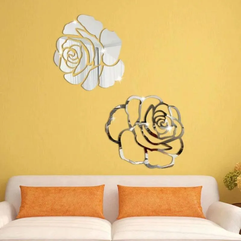 Wall Mirror Decors Rose Flower 3D Bathroom Home Decor Acrylic Wall DIY ...