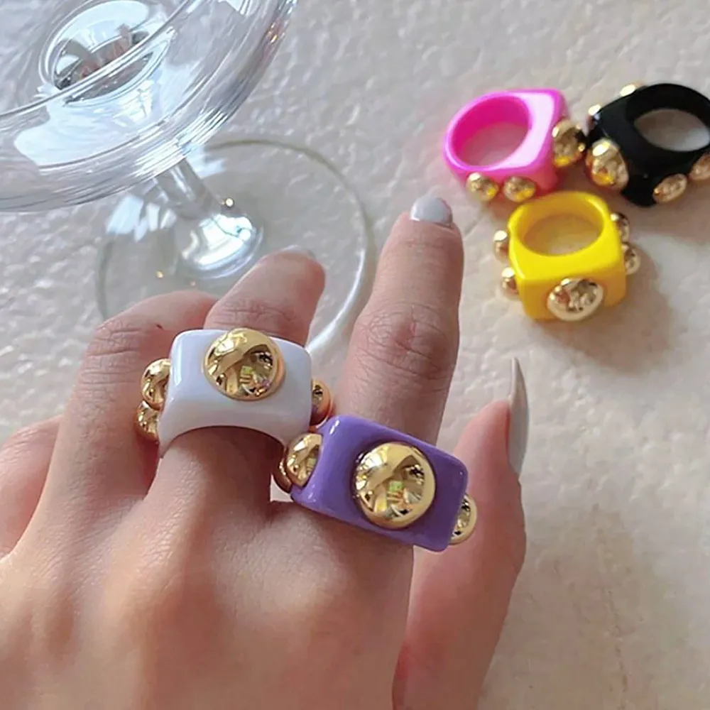 Golden Bead Transparent Resin Acrylic Rings For Women, Fashion Colorful ...