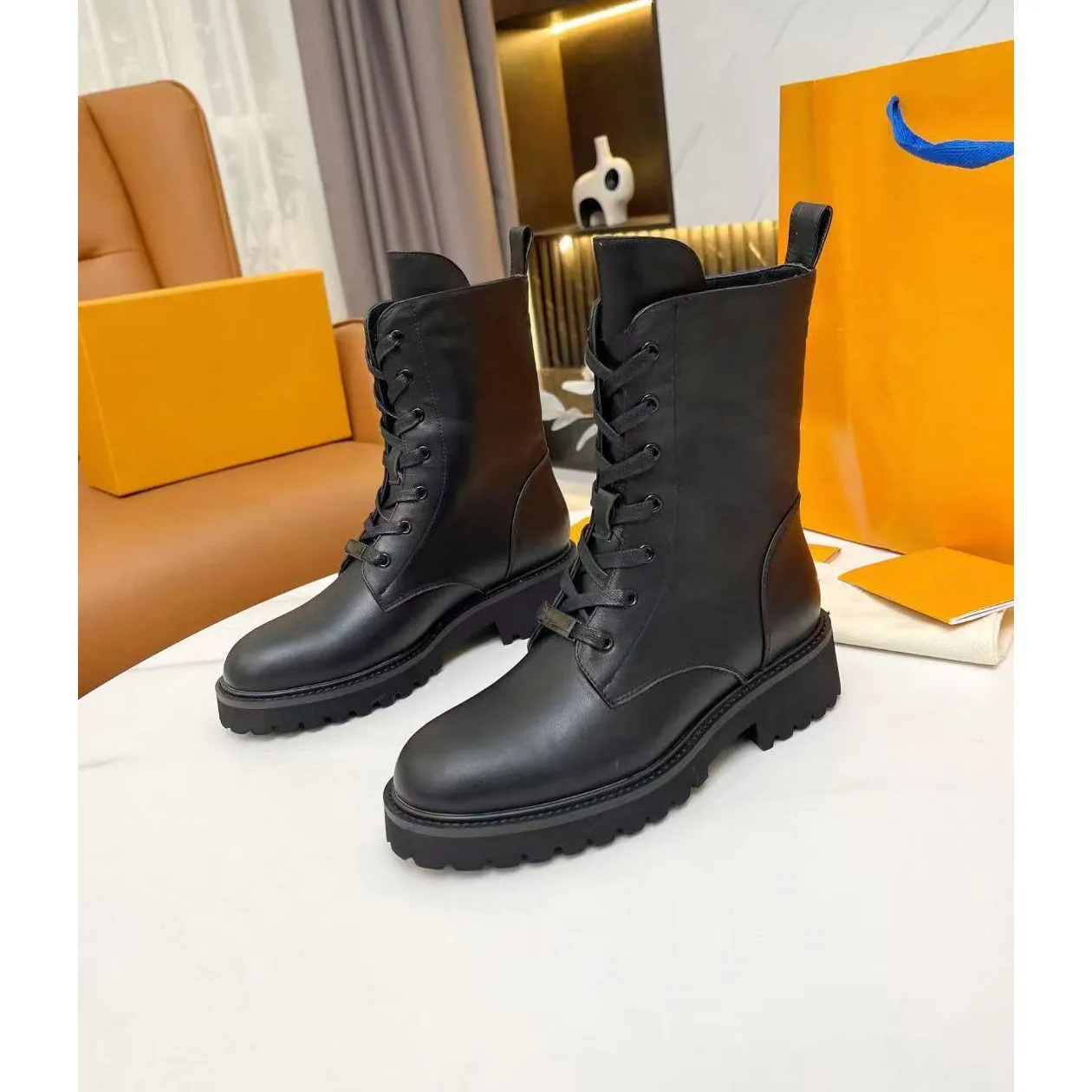 Women's Designer Knitted Stretch Martin Boots, Black Leather Knight ...
