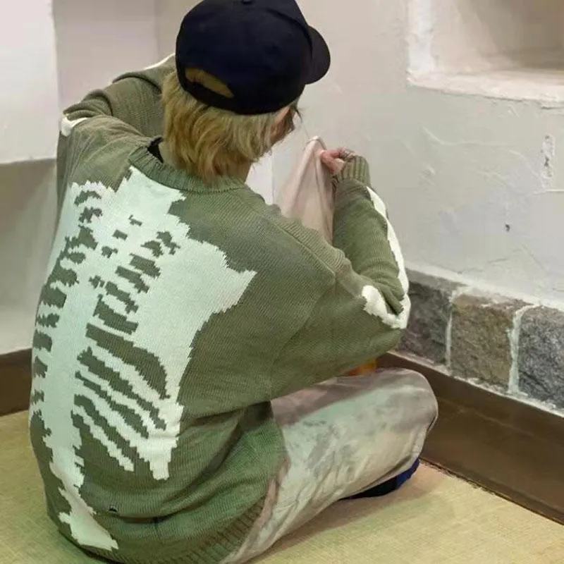 Kapital Skeleton Bone Print Green Loose Knitted Hoodie High Kapital Skeleton Bone Print Green Loose Knitted Hoodie High