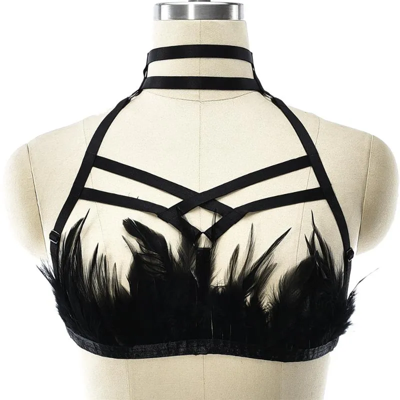 Pastel Goth Feather Harness Bra Rave Wear Crop Top Body Cage Black
