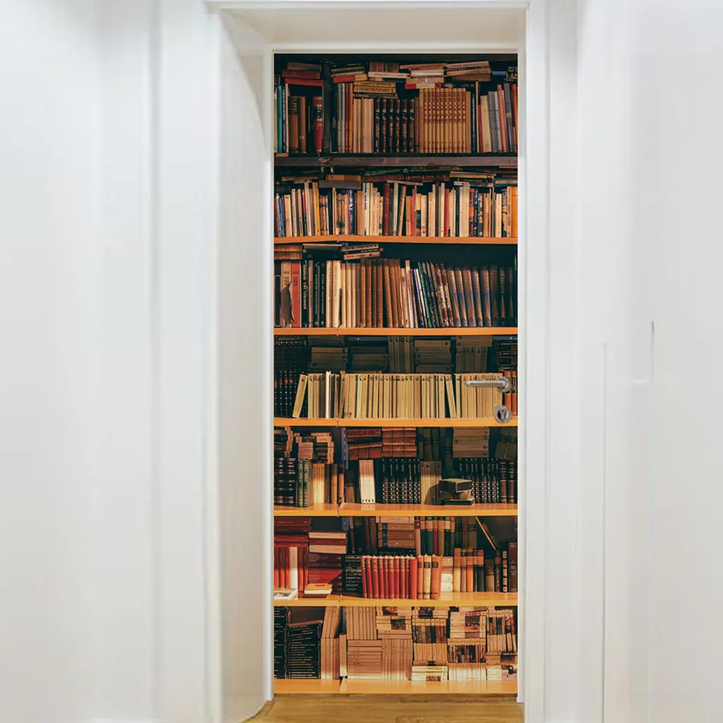 Pvc Door Sticker Mural Decor Vintage Bookshelf Bookcase Wall Stickers ...