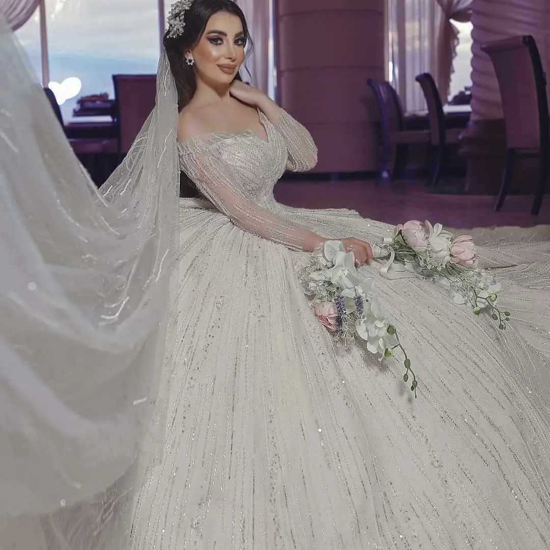 Dubai Wedding Dress A-Line Off-Shoulder Long Sleeve Tulle Bridal Gown ...
