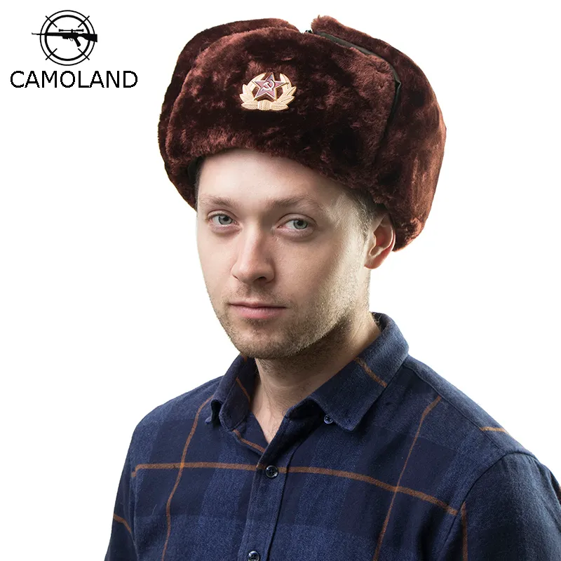 Mens Soviet Style Winter Bomber Fur Trapper Hat With Faux Fur Earflaps ...