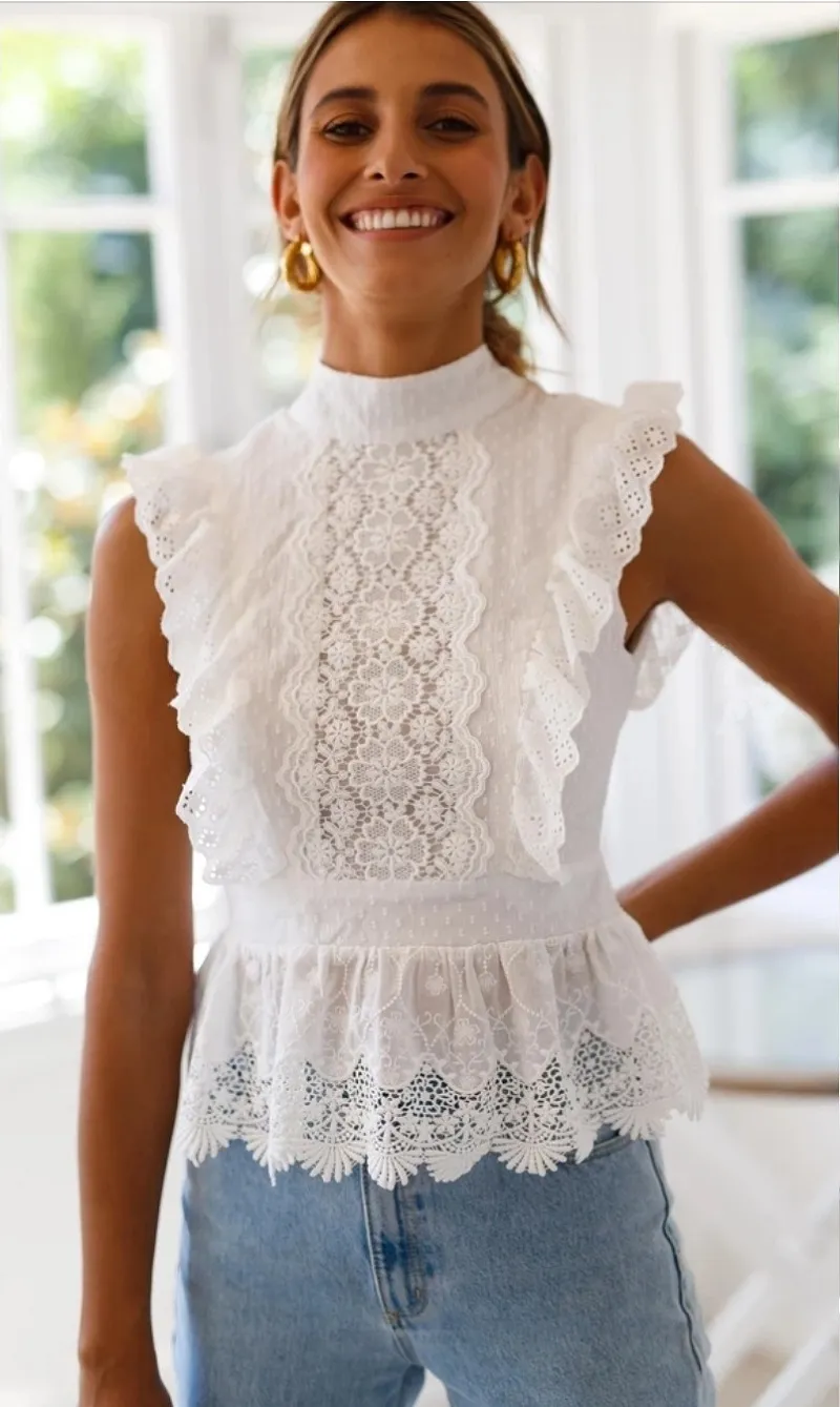 Backless Lace Embroidery White Women Blouse Tops Ruffled Peplum Short ...
