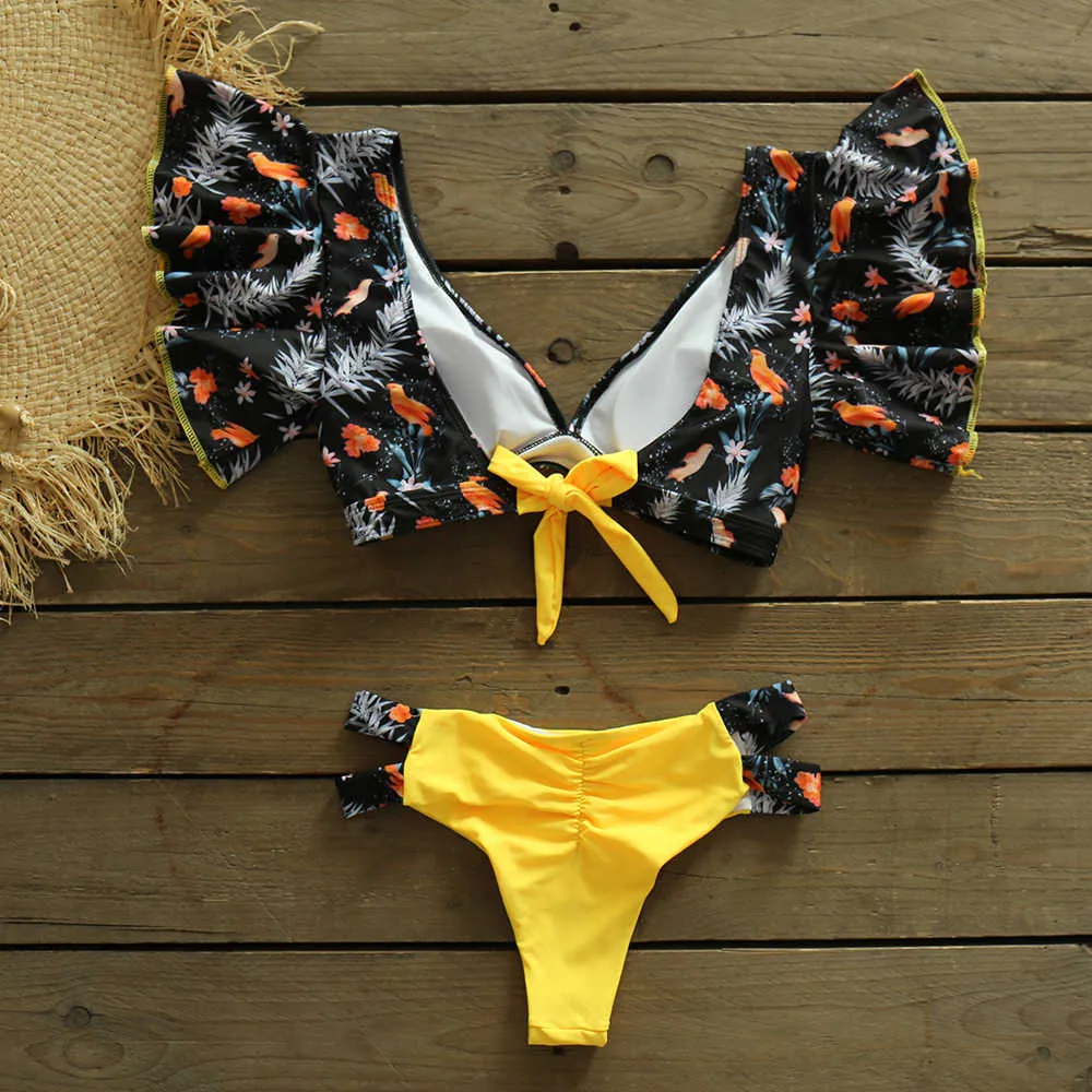 Sexy Brazilian Bikini Set Female Ruffle Swimwear Women Print Floral
