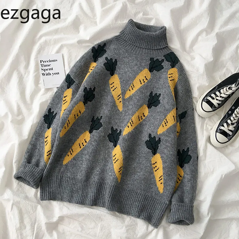 Ezgaga Jacquard Carrot Sweater Women Autumn Korean Turtleneck Pullover ...