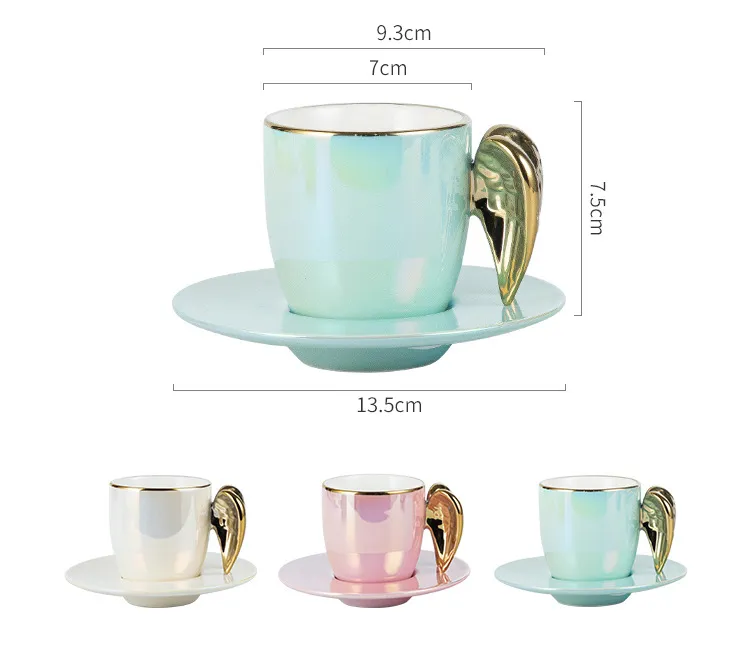 Nordic Porcelain Gold Angel Wing With Saucer Colorful Ceramic Coffee ...