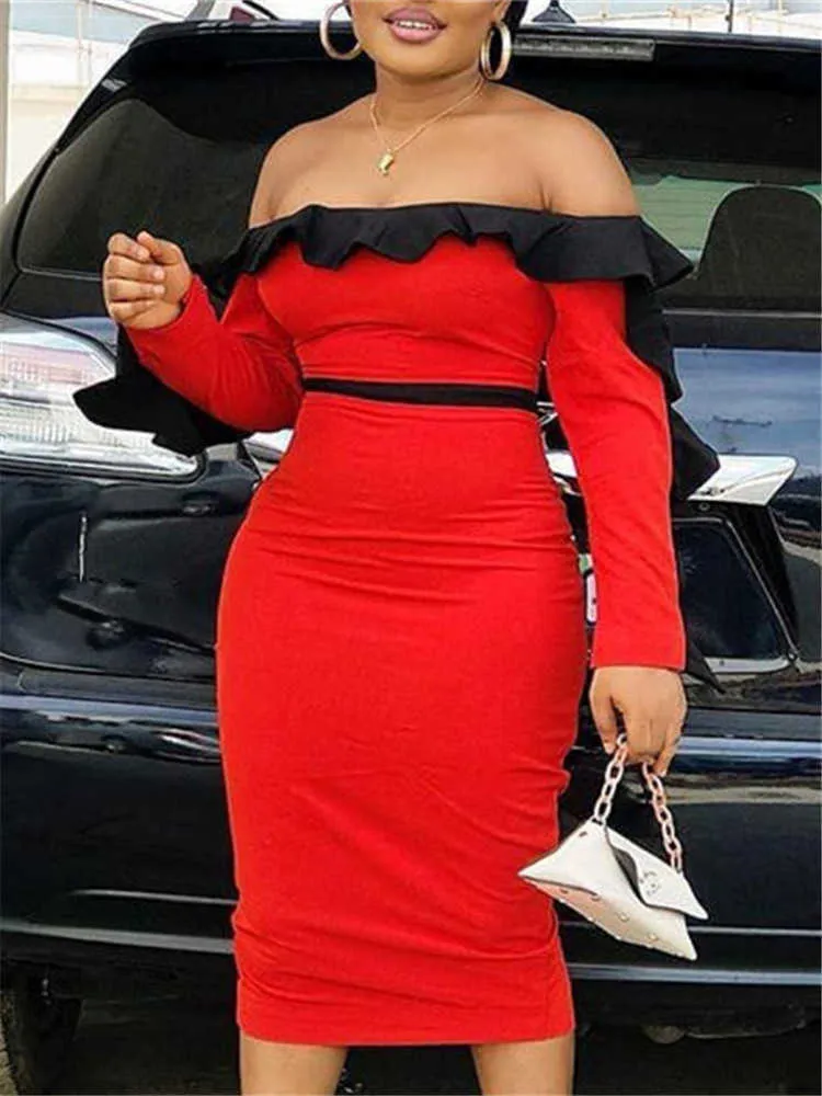 Red Strapless Polyester Bodycon Dress with Ruffles and Puff Sleeves for ...