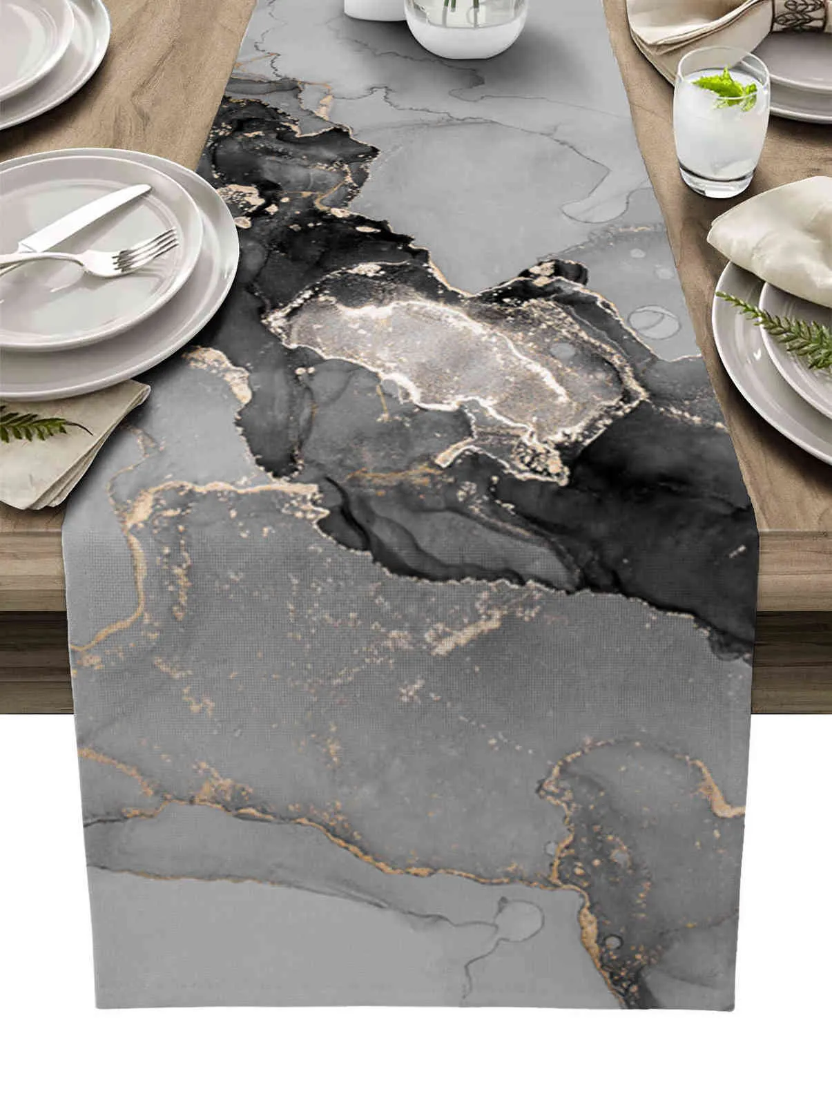 Black Table Runner: Marble Texture Ink Black And White Dining Table ...
