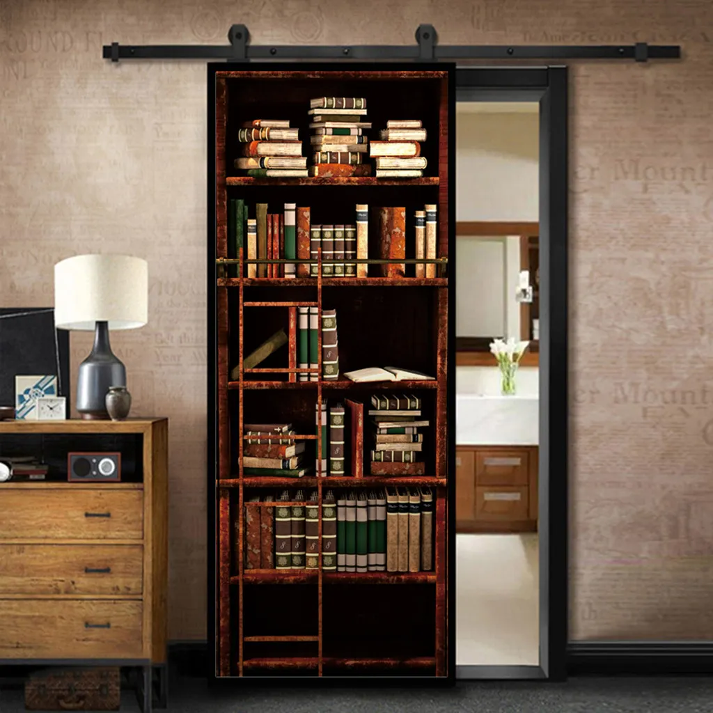 Pvc Door Sticker Mural Decor Vintage Bookshelf Bookcase Wall Stickers ...