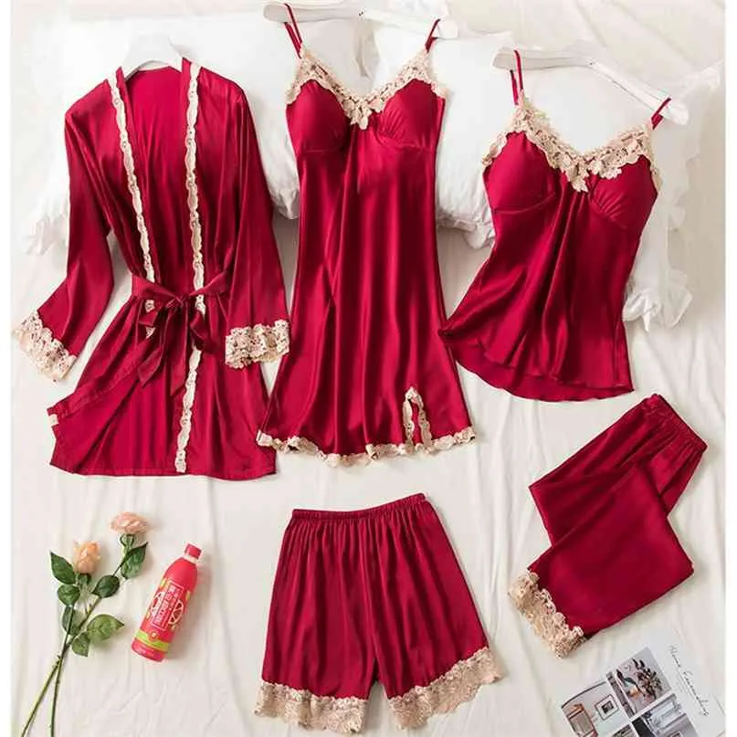 Premium Quality 5-Piece Satin Pajama Set with Lace Trim - Shop Now ...