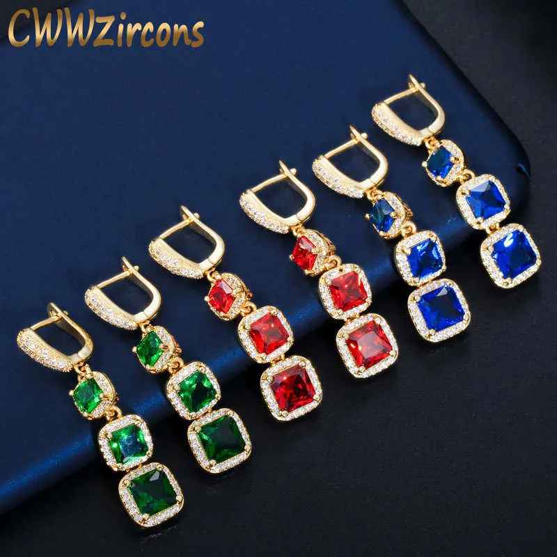 Classic Yellow Gold Color Square Cubic Zirconia Women's Long Dangling ...