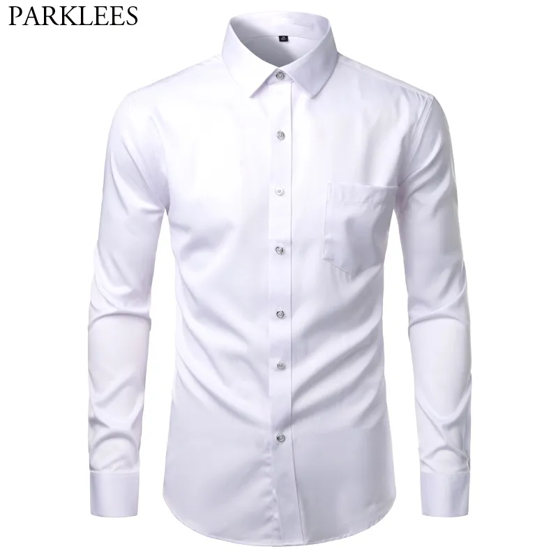 Mens White Bamboo Fiber Dress Shirt Slim Fit Wrinkle Free Casual Non ...