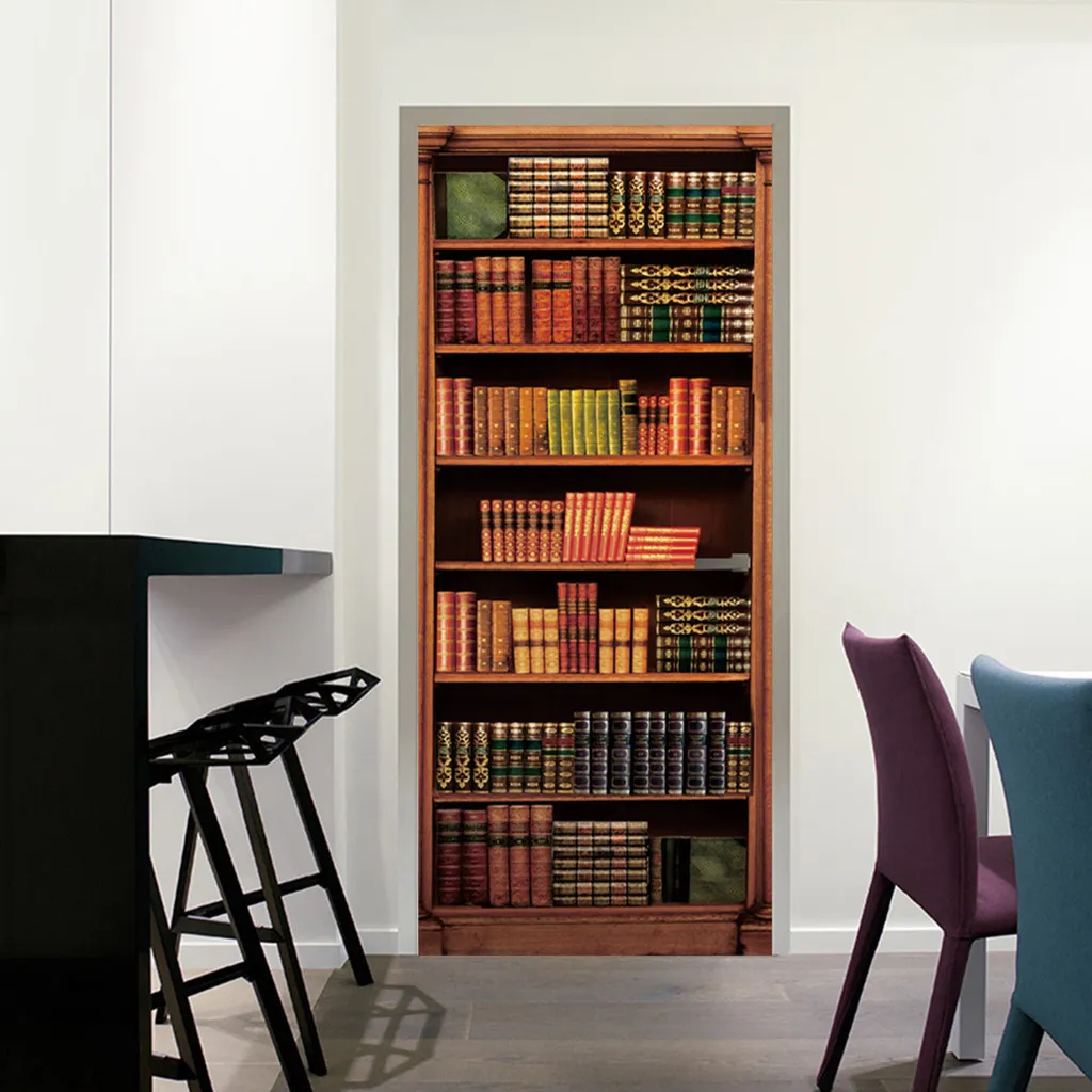 Pvc Door Sticker Mural Decor Vintage Bookshelf Bookcase Wall Stickers ...